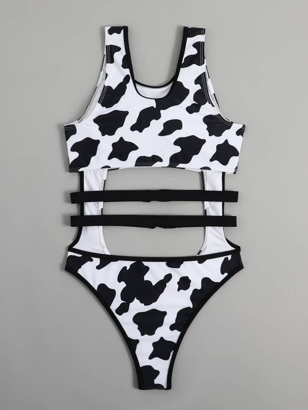 SHEIN Cow Print Cut-out One Piece Swimsuit With Belt | SHEIN USA