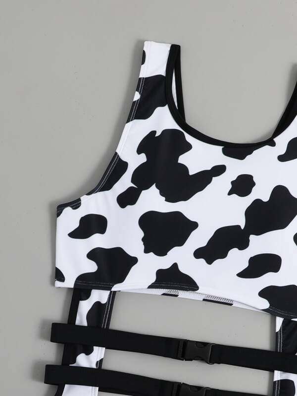 SHEIN Cow Print Cut-out One Piece Swimsuit With Belt | SHEIN USA