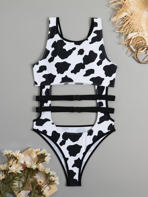 SHEIN Cow Print Cut-out One Piece Swimsuit With Belt | SHEIN USA