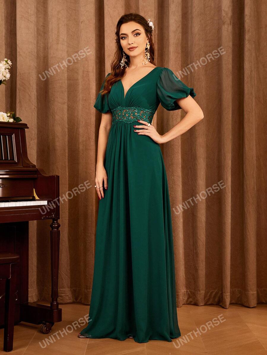 Contrast Lace Bishop Sleeve Bridesmaid Dress Shein Usa