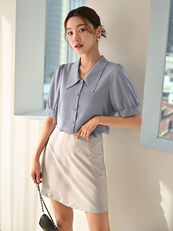 Dazy Puff Sleeve Button Front Shirt Shein Usa