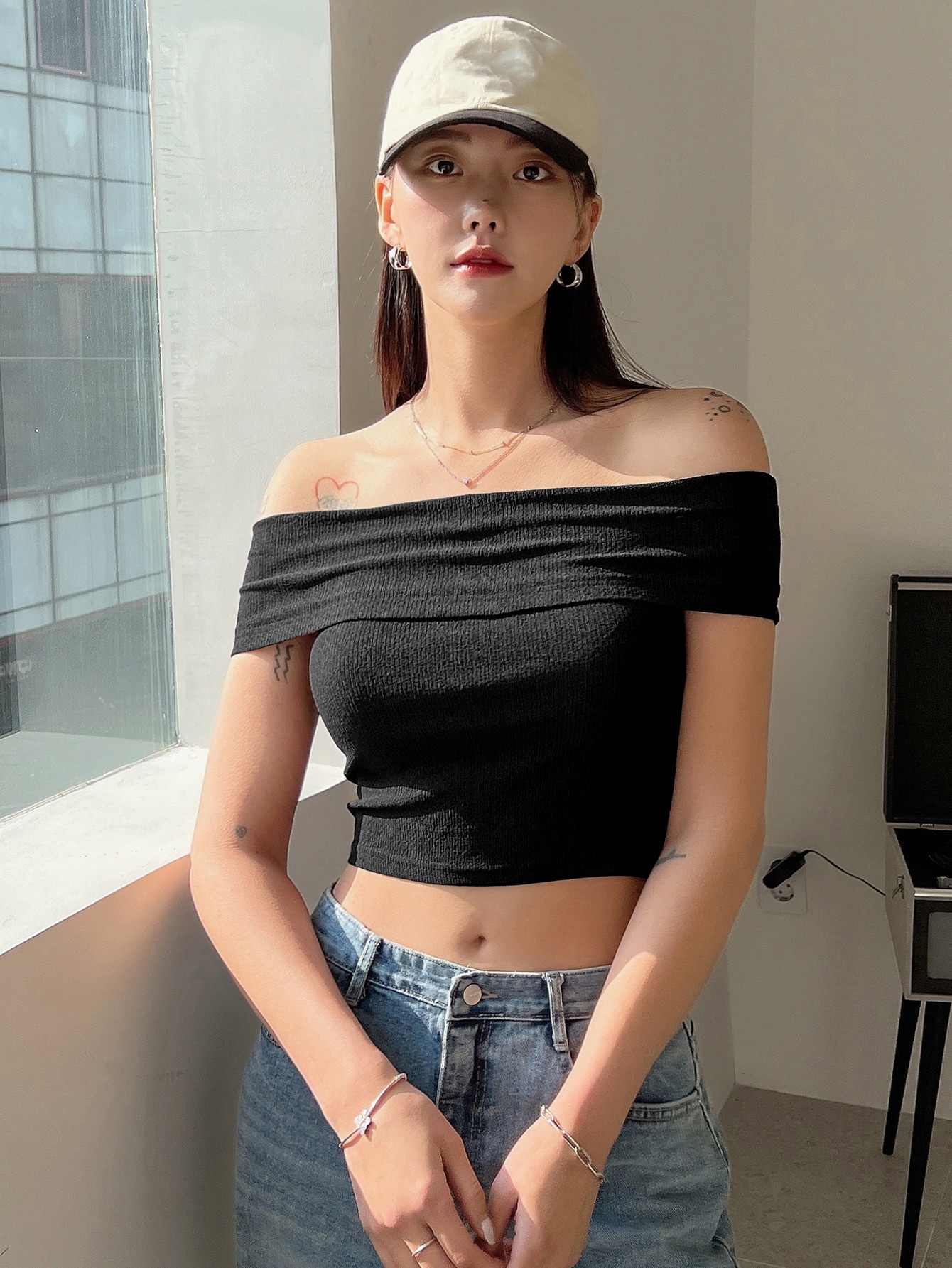 DAZY Off Shoulder Ribbed Knit Crop Tee | SHEIN USA