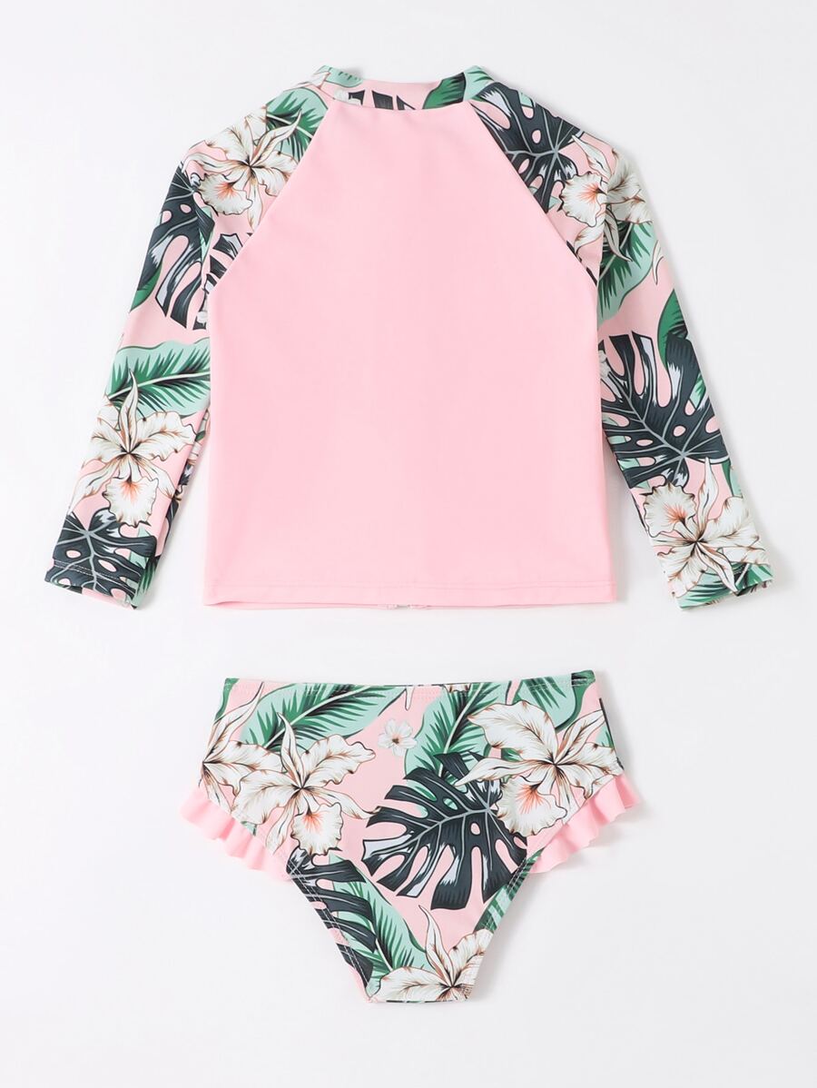 Young Girl Tropical Print Zipper Front Ruffle Hem Bikini Swimsuit