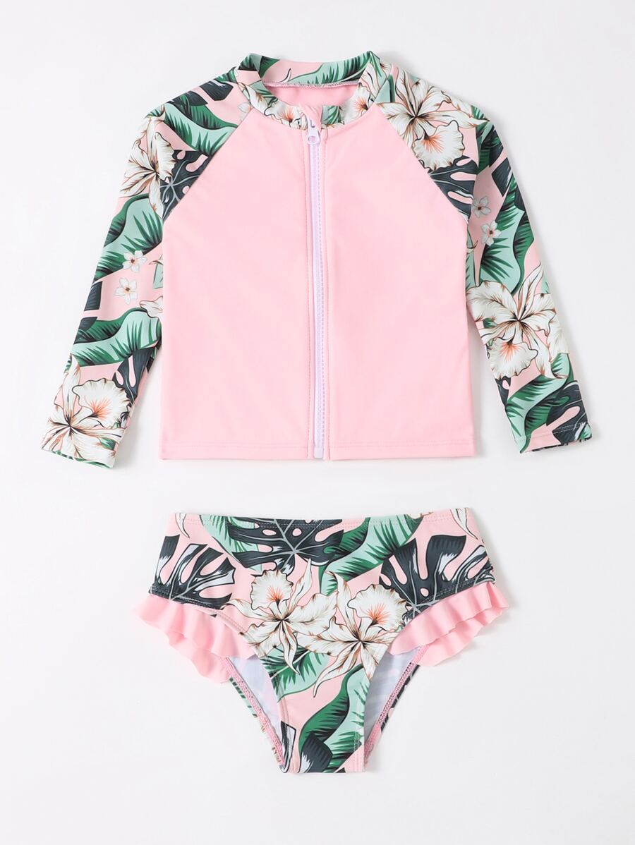 Young Girl Tropical Print Zipper Front Ruffle Hem Bikini Swimsuit