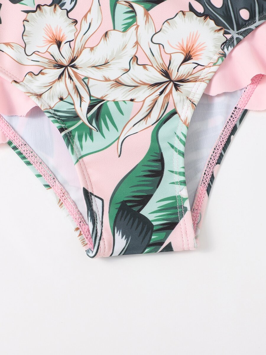 Young Girl Tropical Print Zipper Front Ruffle Hem Bikini Swimsuit
