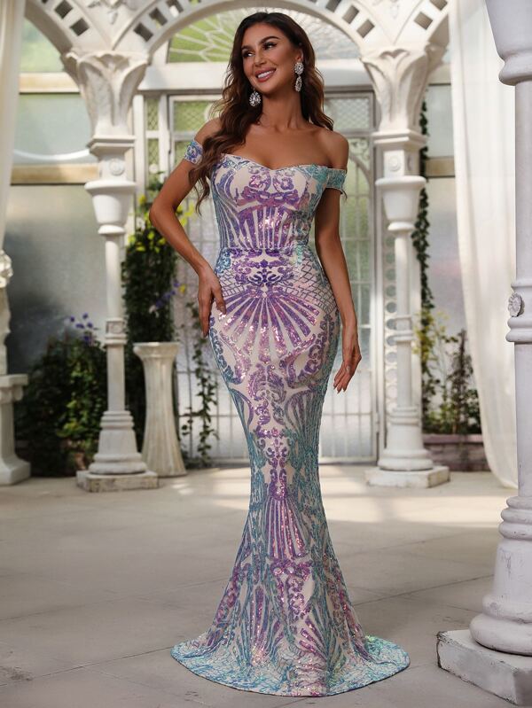 Off Shoulder Mermaid Hem Sequin Formal Dress | SHEIN UK