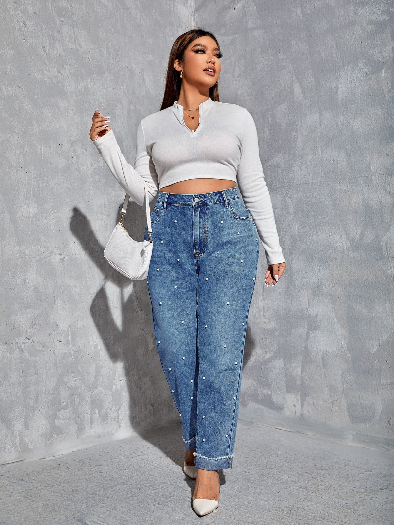 SHEIN Essnce Plus Pearls Beaded Raw Cut Jeans | SHEIN USA