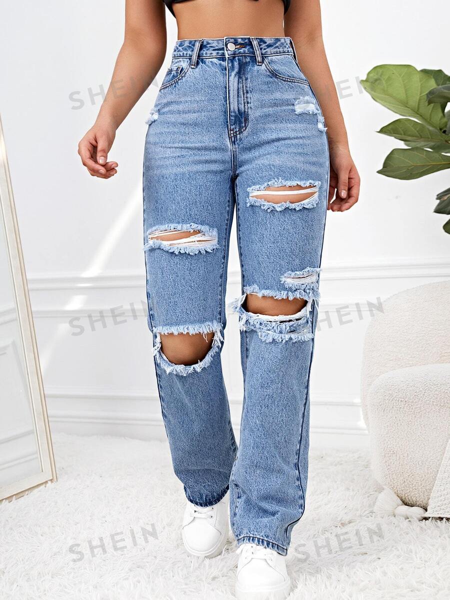 Shein Ezwear Ripped Straight Leg Jeans Shein Usa
