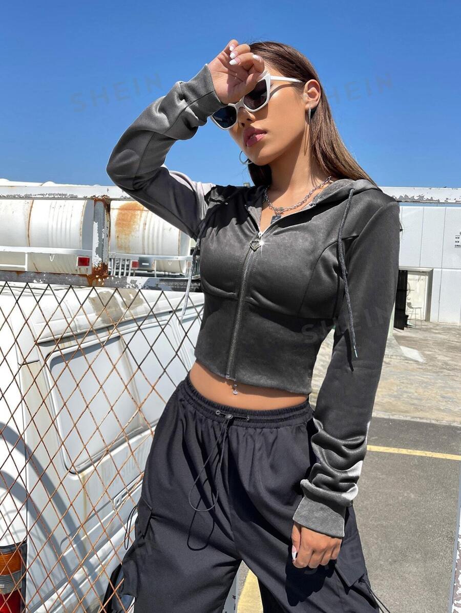 SHEIN EZwear Zip Up Drawstring Hoodie | SHEIN USA