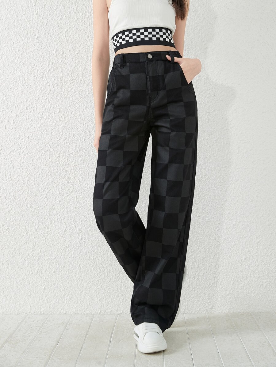 Teen Girls Checker Print Straight Leg Jeans | SHEIN USA