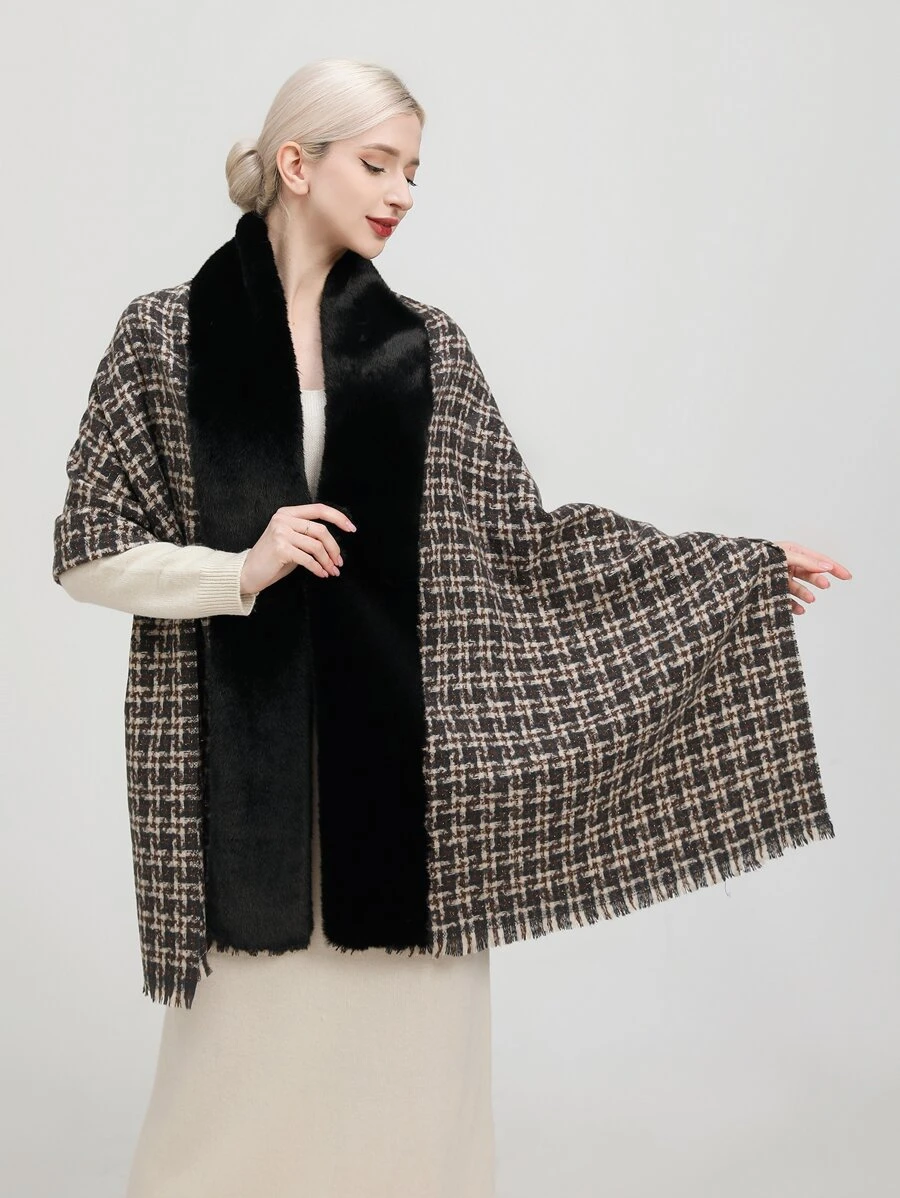 Plaid Pattern Contrast Fluffy Raw Trim Shawl | SHEIN UK