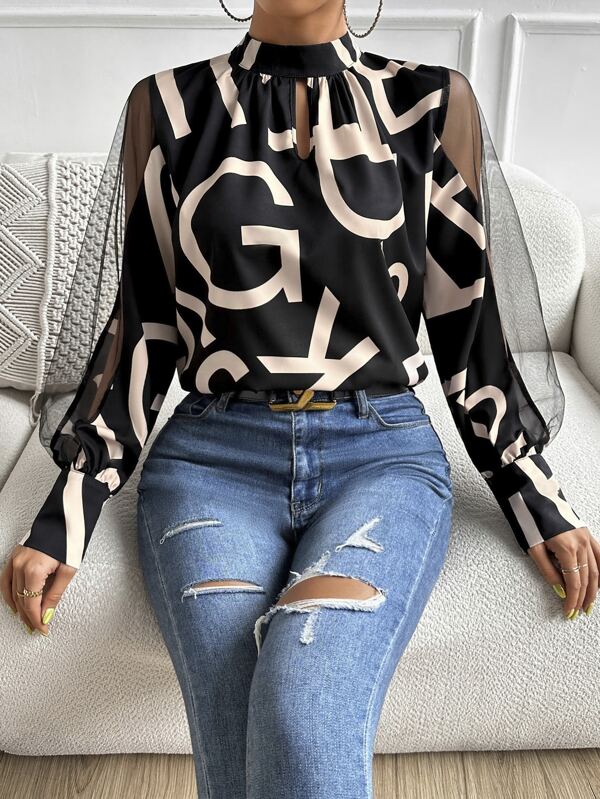 SHEIN Privé Letter Graphic Contrast Mesh Lantern Sleeve Keyhole ...