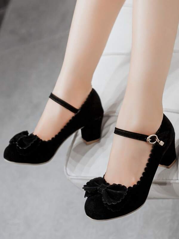 Women Black Bow Decor Pumps, Scallop Trim Chunky Heeled Mary Jane Pumps ...