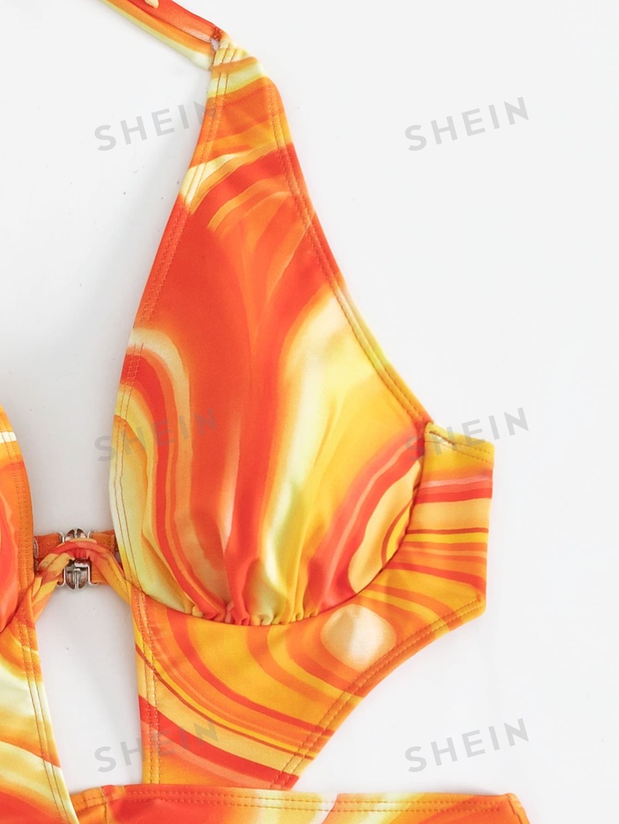 Shein Swim Sxy Summer Beach Allover Print Cut Out Halter One Piece