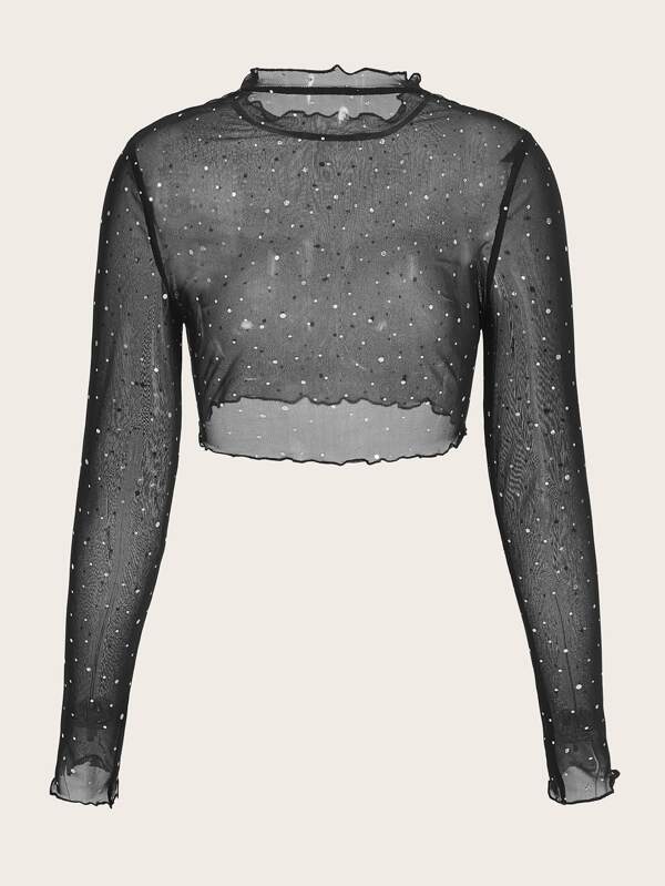 Shein X Priscilla Block Lettuce Trim Sheer Mesh Crop Top Without Bra