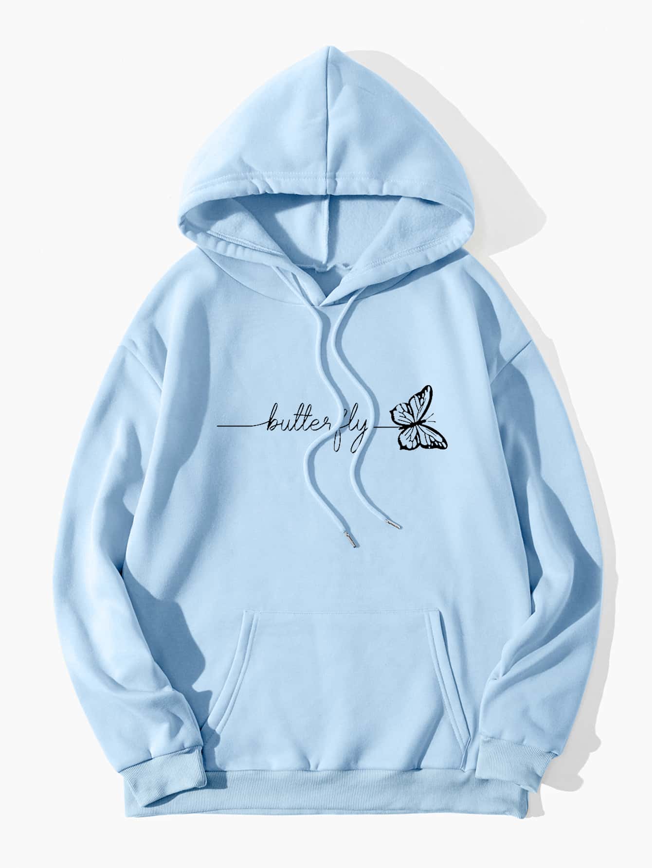 SHEIN EZwear Letter & Butterfly Print Kangaroo Pocket Thermal Lined ...