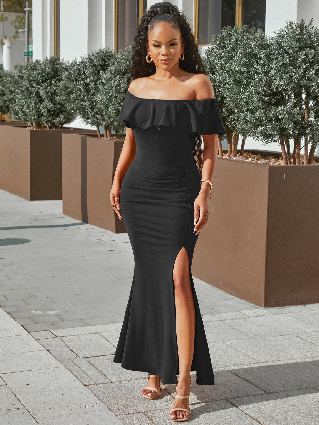 Btfbm Off Shoulder Ruffle Trim Split Thigh Dress Shein Uk
