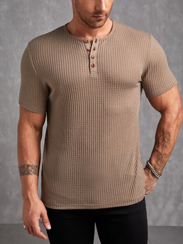 Manfinity Homme homens Camiseta botão de quarto malha waffle | SHEIN Brasil
