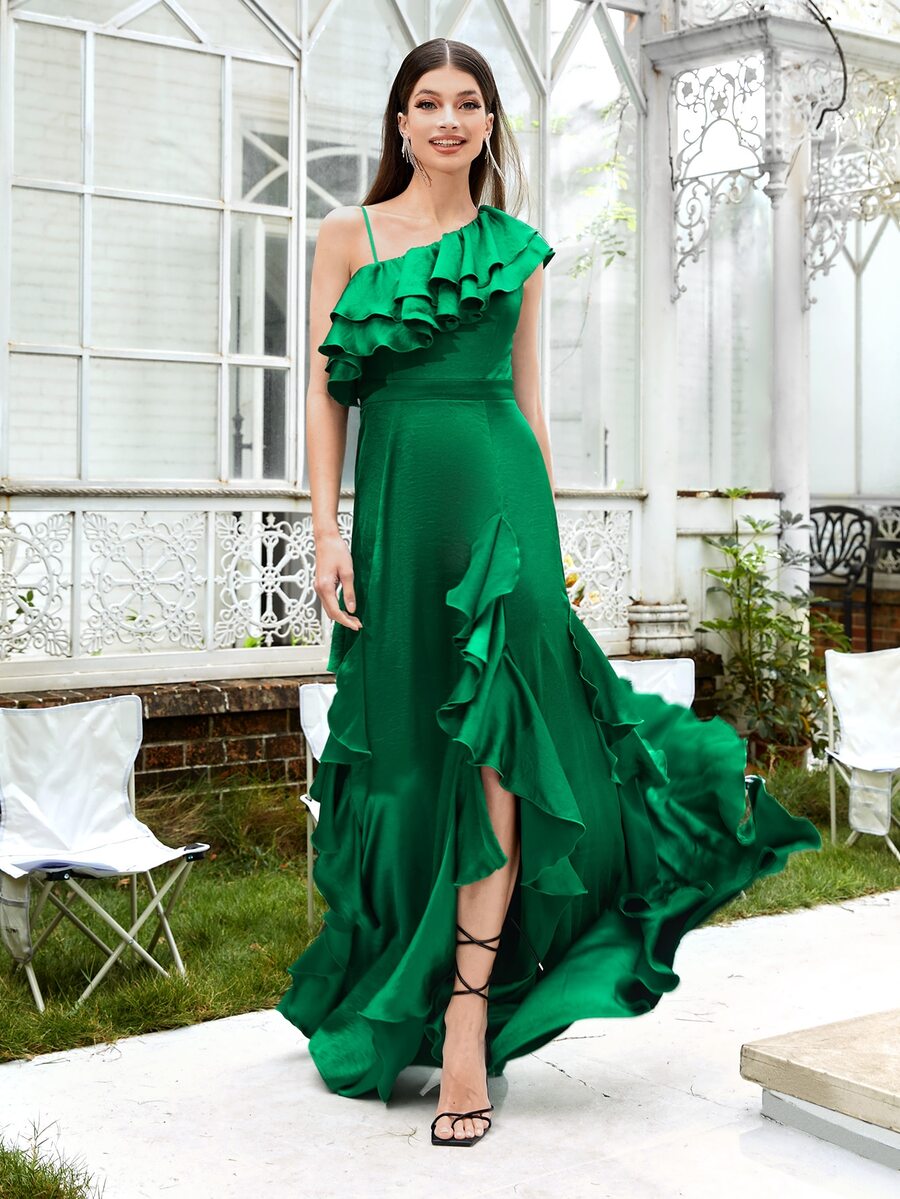 MARÍA PONCE Asymmetrical Neck Layered Trim Prom Dress | SHEIN