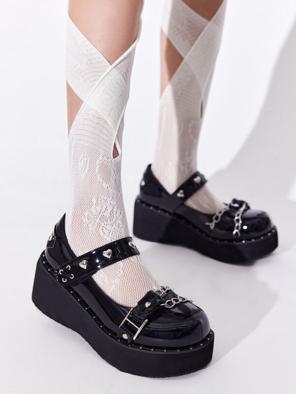 Kawaii Chain And Heart Decor Flatform Mary Jane Shoes Shein Usa