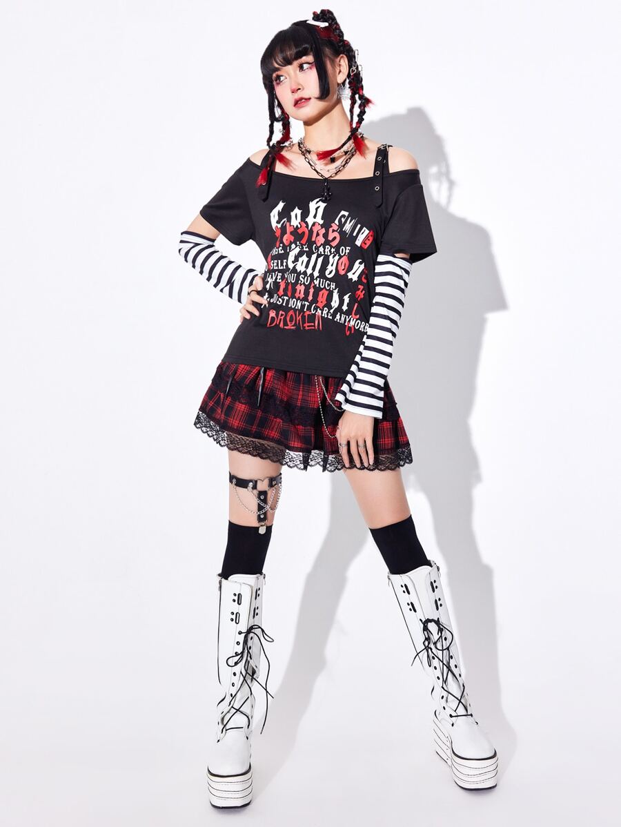 ROMWE Anime Slogan Graphic Cold Shoulder Tee & Arm Sleeves | SHEIN USA