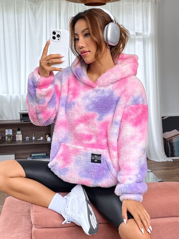 SHEIN Tie Dye Patch Detail Drop Shoulder Teddy Hoodie | SHEIN USA