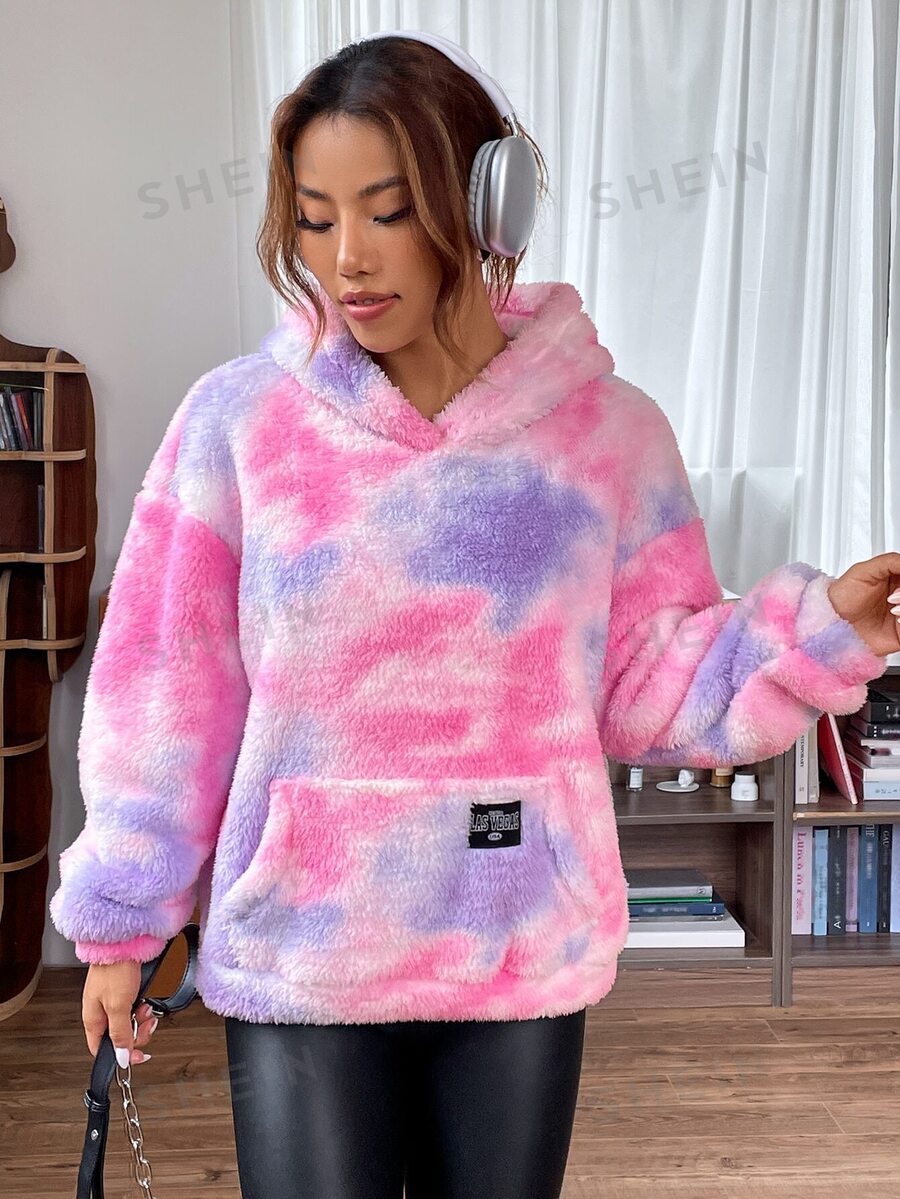 SHEIN EZwear Tie Dye Patch Detail Drop Shoulder Teddy Hoodie | SHEIN EUR