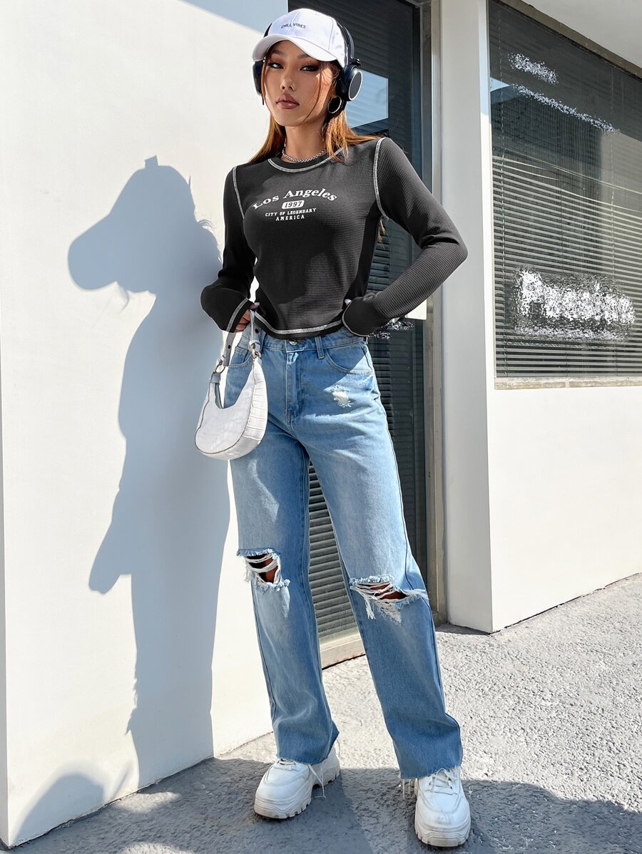 SHEIN EZwear Letter Graphic Top-stitching Tee | SHEIN EUR