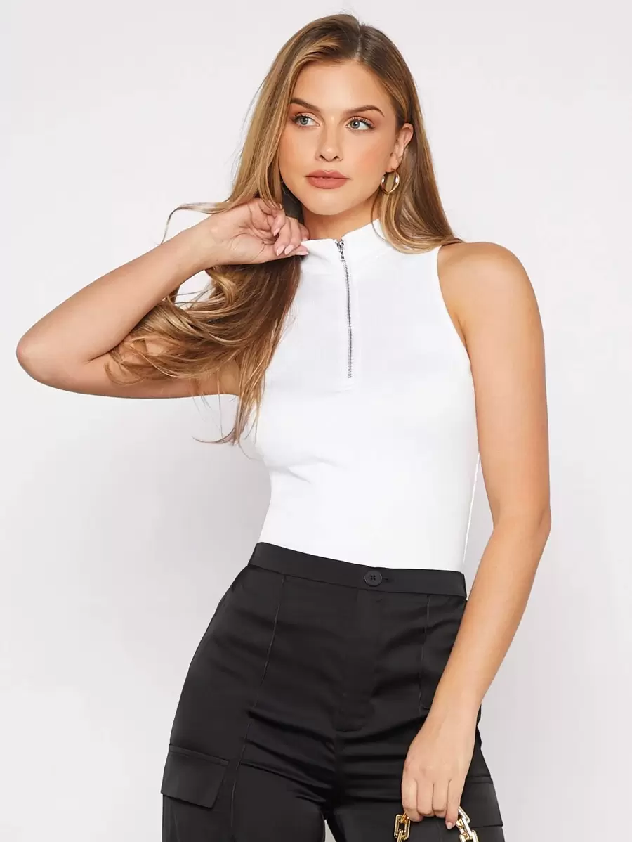 BizChic Half Zip Ribbed Knit Tank Top Workwear | SHEIN USA