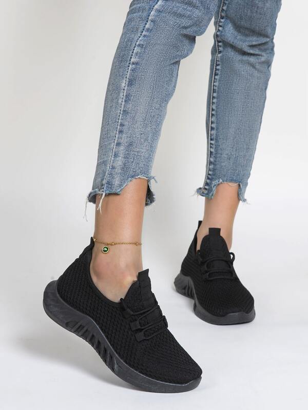 Lace-up Front Running Shoes, Black Color Sports Lace-up Solid Color ...