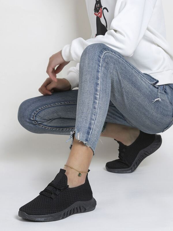 Lace-up Front Running Shoes, Black Color Sports Lace-up Solid Color ...