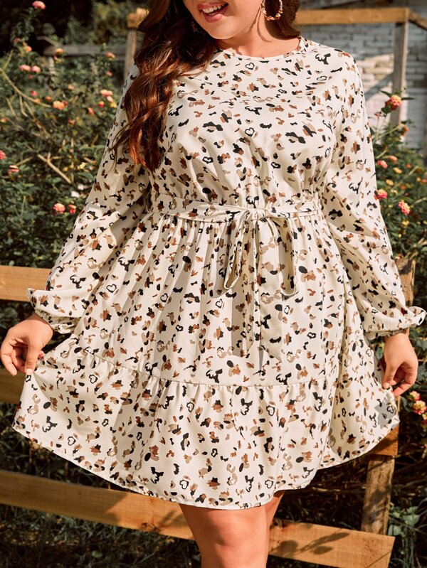 EMERY ROSE Plus Allover Print Lantern Sleeve Ruffle Hem Belted Dress | SHEIN USA
