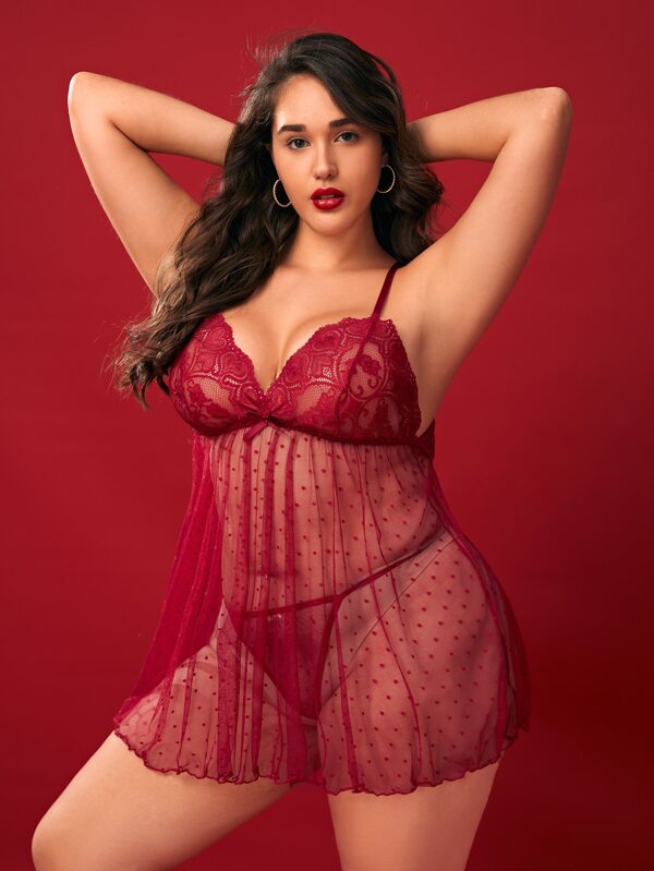 Classic Sexy Plus Dobby Mesh Contrast Lace Mesh Slips With Thong Shein Usa