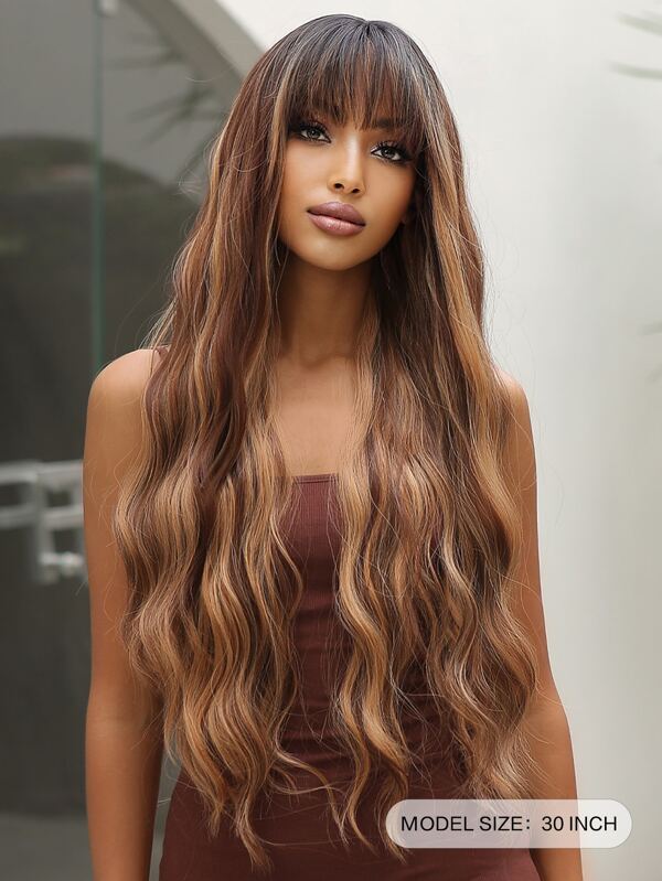 Multicolor 30 inch Extra Long Curly Wig With Bangs Brown Wigs for Women ...