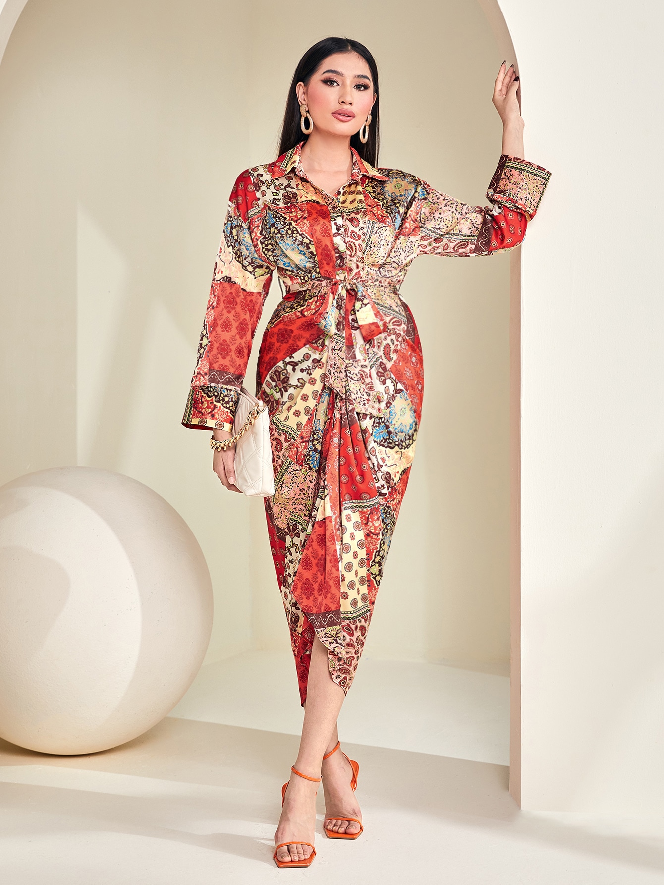 SHEIN Modely Patchwork Print Drop Shoulder Belted Dress | SHEIN USA