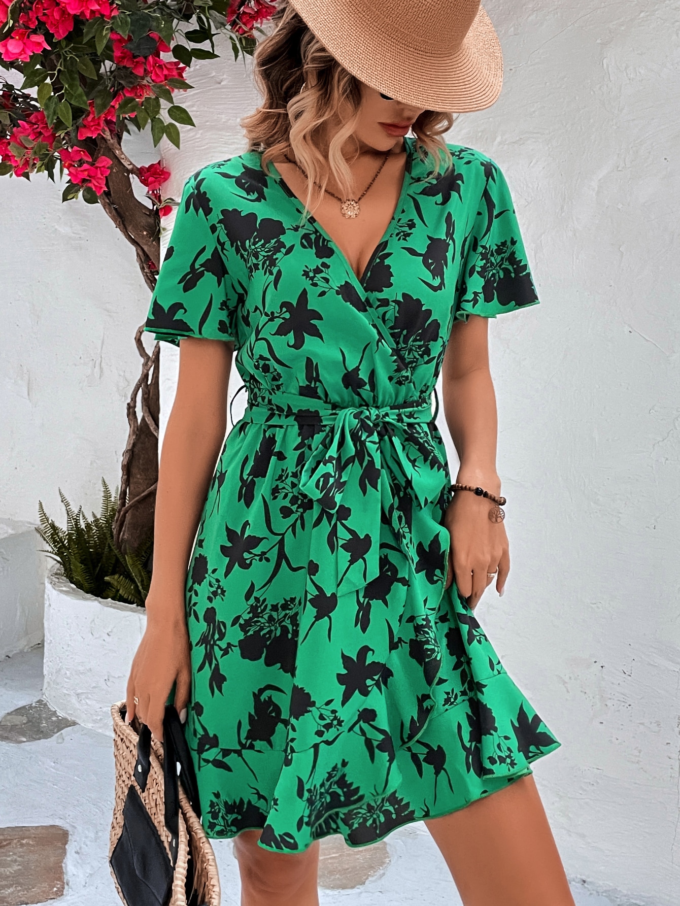 SHEIN VCAY Floral Print Butterfly Sleeve Ruffle Trim Belted Wrap Dress | SHEIN