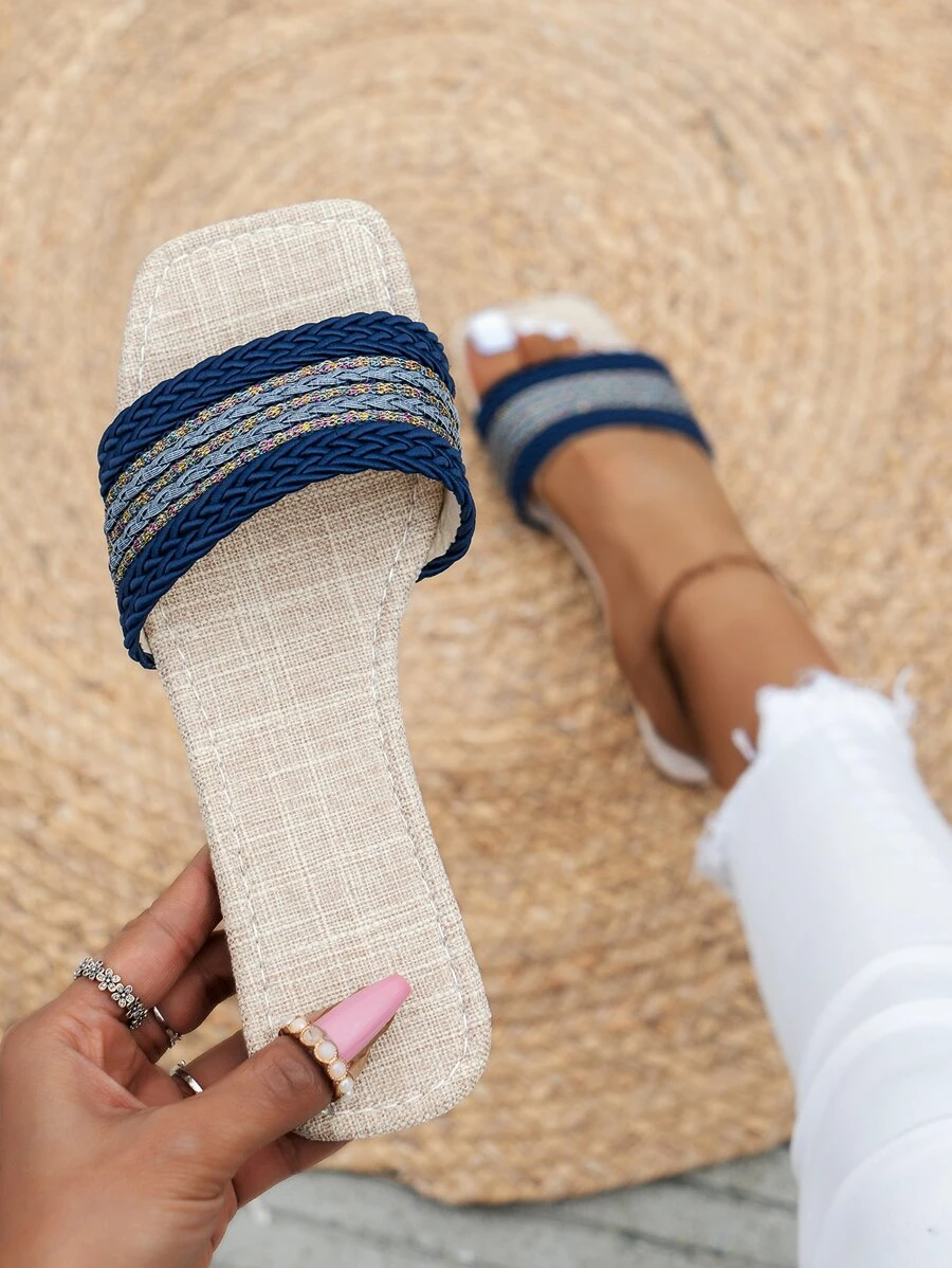 Women Braided Detail Flat Sandals, Vacation Fabric Slide Sandals ...