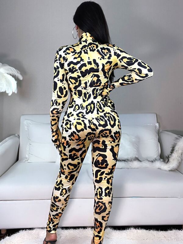 Leopard Print Mock Neck Unitard Jumpsuit | SHEIN USA