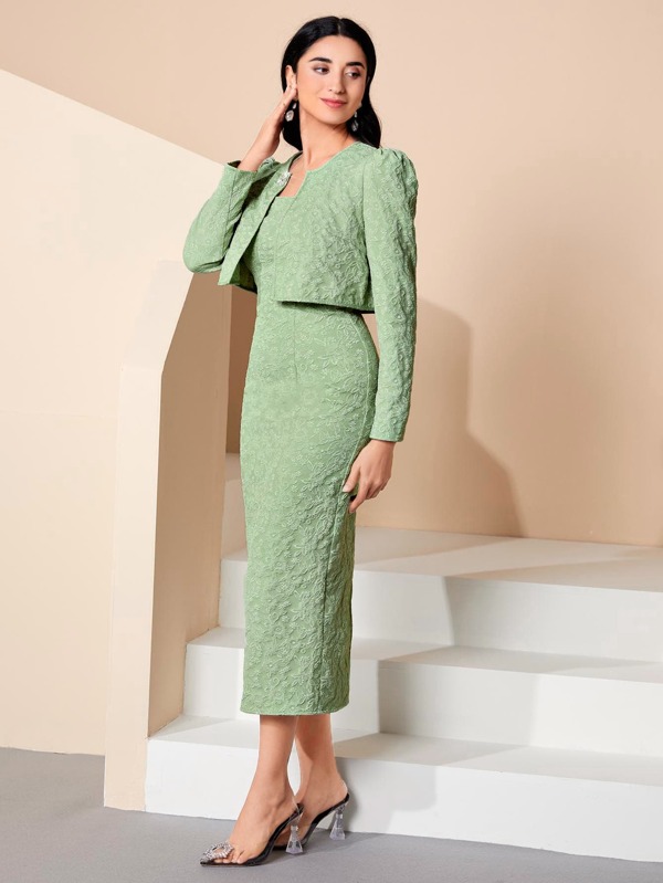 SHEIN Modely Puff Sleeve Crop Jacket & Split Back Dress | SHEIN USA