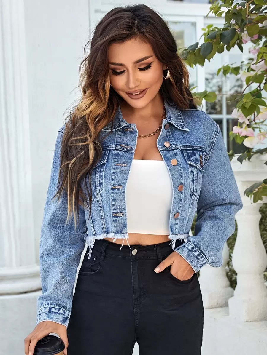 SHEIN Essnce Flap Detail Raw Hem Crop Denim Jacket | SHEIN USA