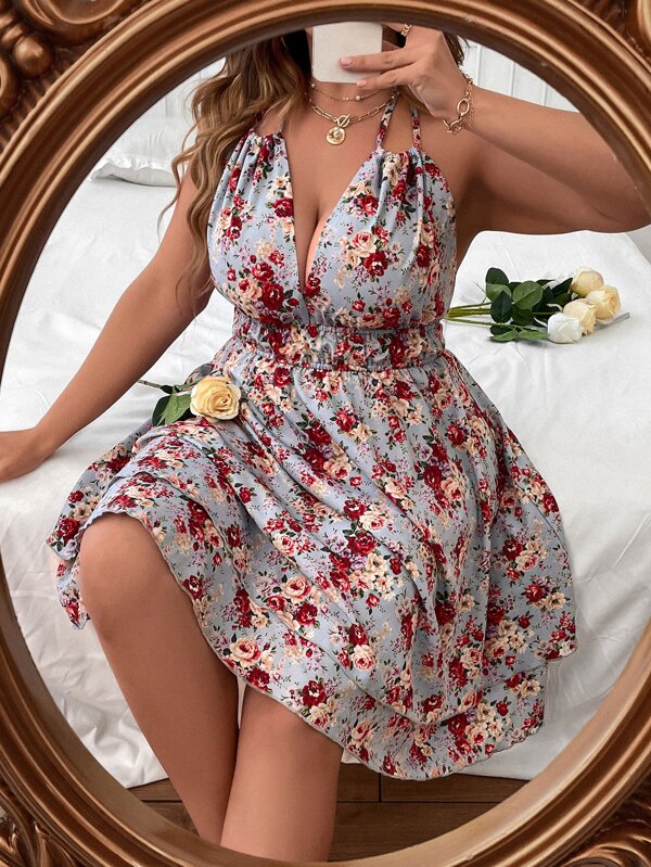 Shein Vcay Plus Allover Floral Print Tie Backless Ruffle Hem Halter