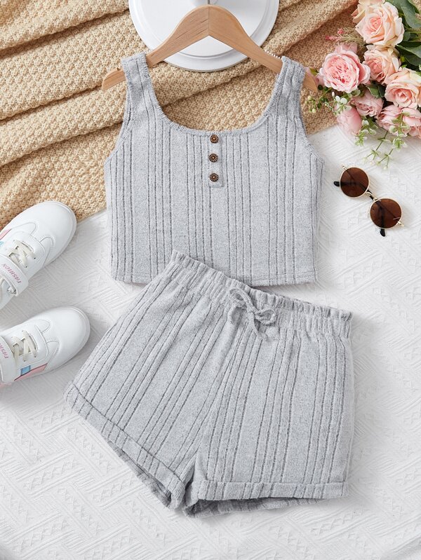 Shein Teen Girls Fake Button Tank Top And Knot Waist Shorts Shein Usa