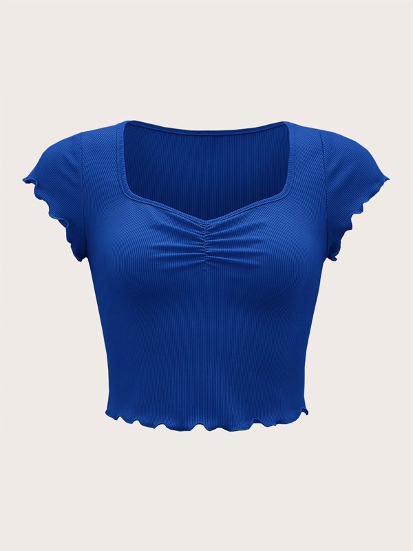 Shein Qutie Ruched Sweetheart Neck Lettuce Trim Tee Shein Usa