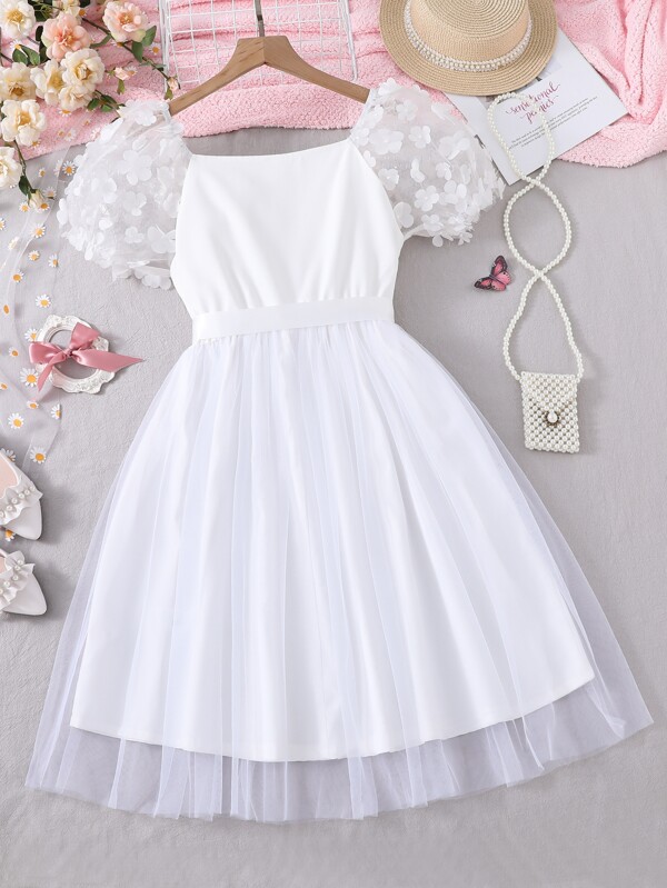 SHEIN Ragazze Adolescenti Abiti applicazioni floreali tulle a contrasto ...