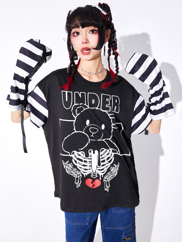 ROMWE Anime レター＆カートゥーングラフィック ドロップショルダーTシャツ | SHEIN JAPAN