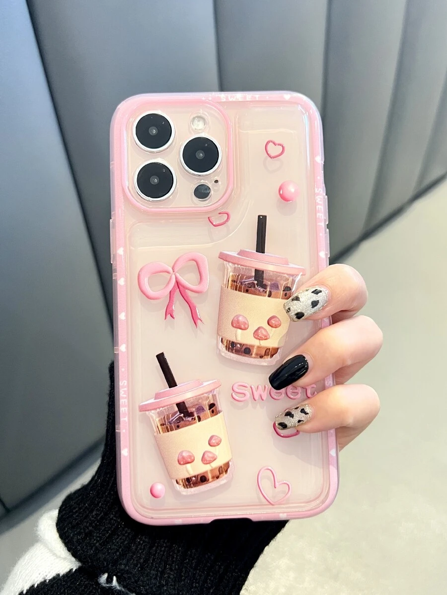 Pink Milk Tea Pattern Clear Phone Case Compatible With Iphone 11,IPhone ...