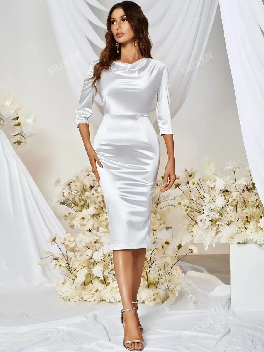 MUXXN Draped Collar Split Back Satin Bodycon Dress | SHEIN USA