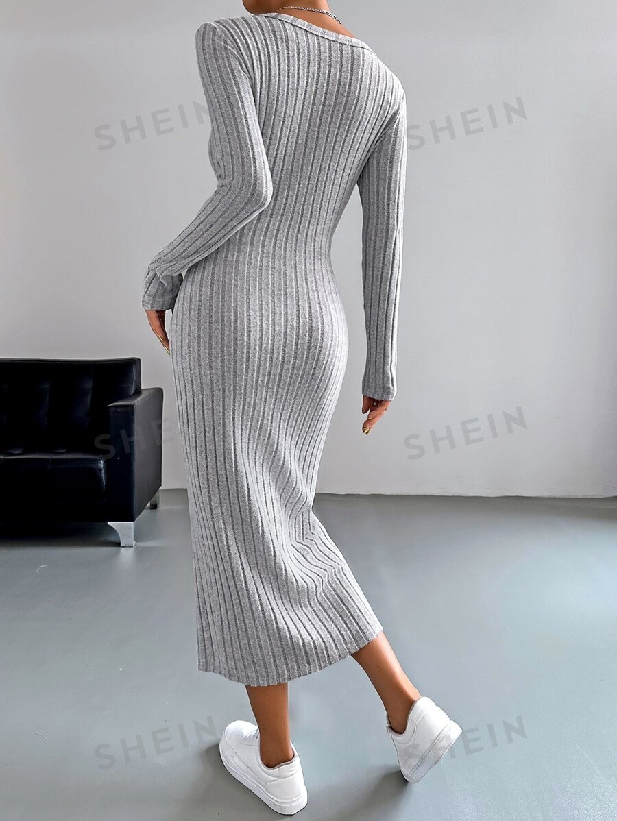 SHEIN EZwear Spring DressButton Through Ribbed Knit Bodycon Dress | SHEIN UK