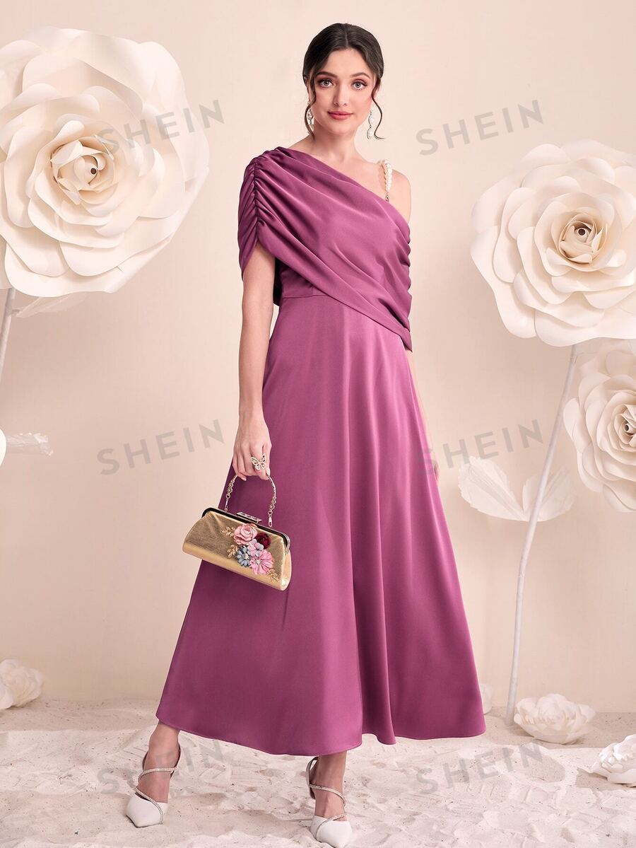 SHEIN SHEIN Modely Asymmetrical Neck Pearls Strap Ruched Satin Dress ...