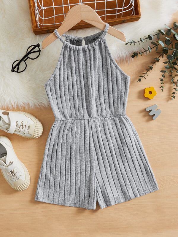 SHEIN Kids EVRYDAY Girls Keyhole Back Ribbed Knit Halter Romper | SHEIN USA